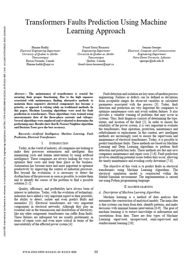Transformers Faults Prediction Using Machine Learning Approach-1 | PDF