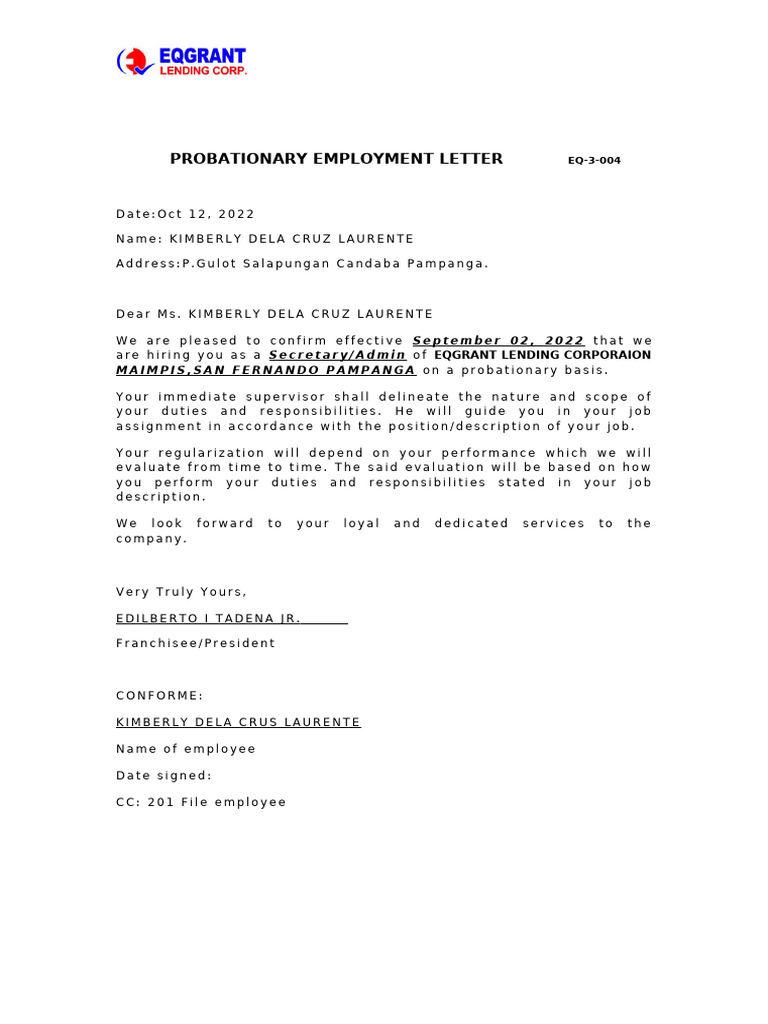 Probationary Letter | PDF