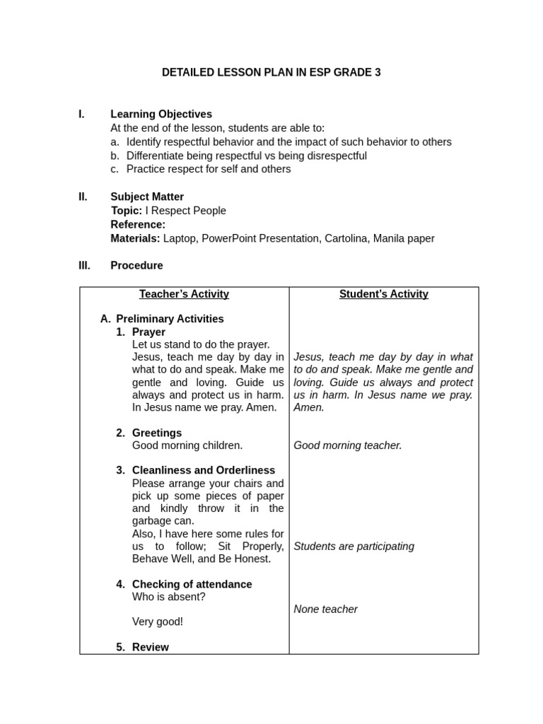 Detailed Lesson Plan in Esp Grade 3 | PDF