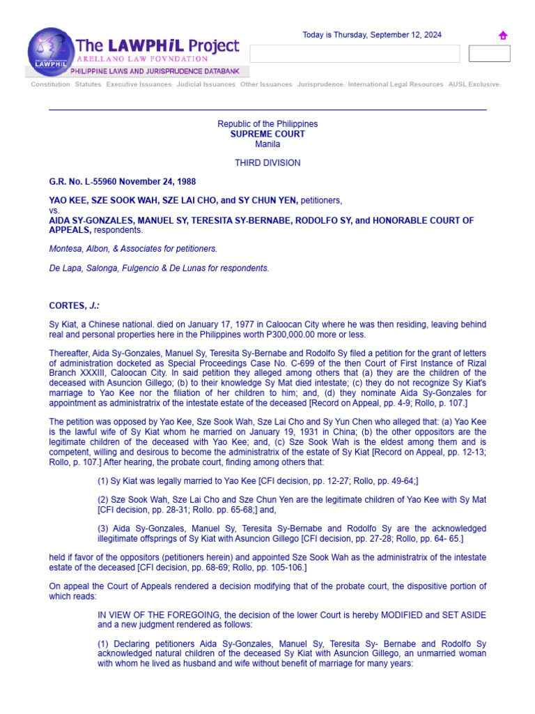 Yao Kee v. Sy-Gonzales, GR No. 55960, 244 November 1988 | PDF
