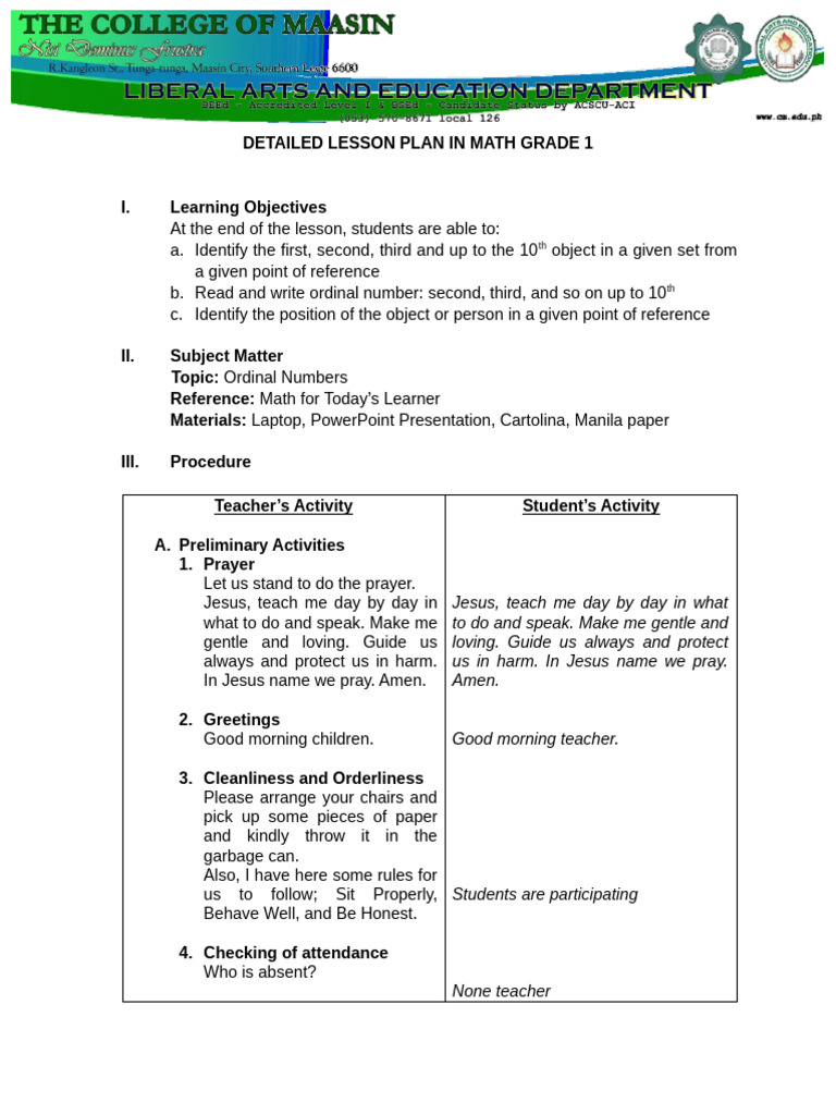 Detailed Lesson Plan in Math Grade 1 | PDF