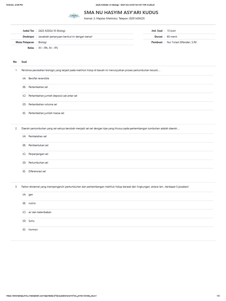 Latihan Soal Biologi Kelas Xii Bab 1 | PDF