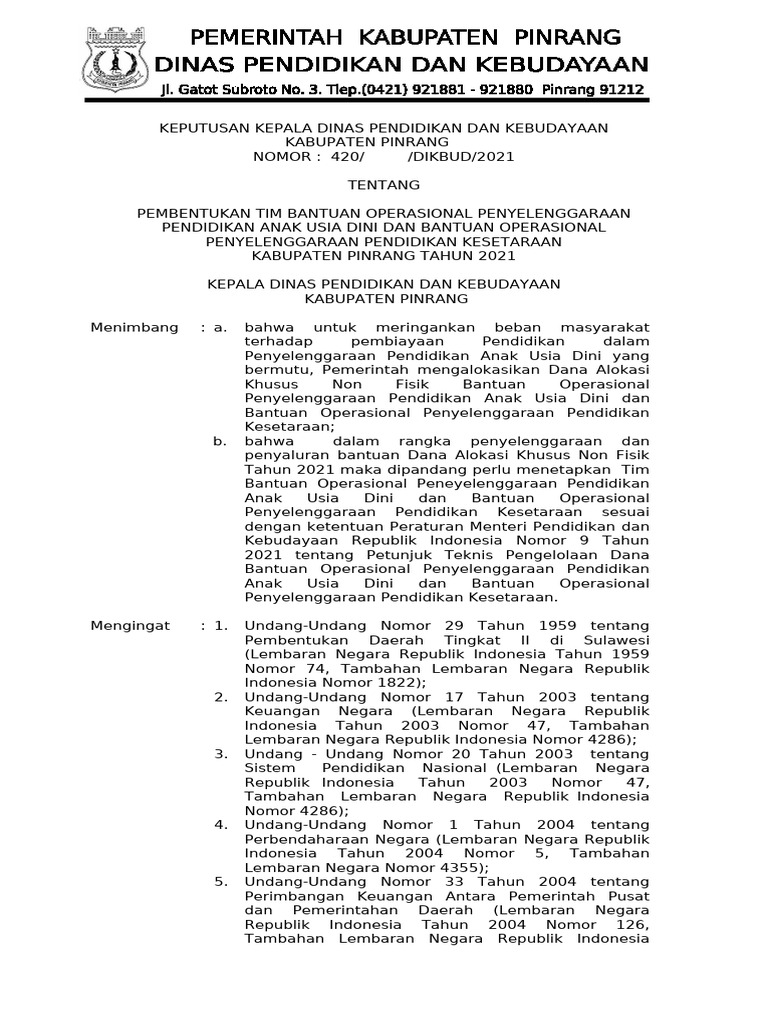 SK Tim Bop Paud Dan Bop Kesetaraan | PDF