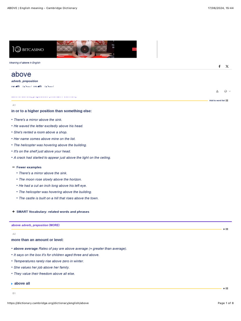 ABOVE - English Meaning - Cambridge Dictionary | PDF