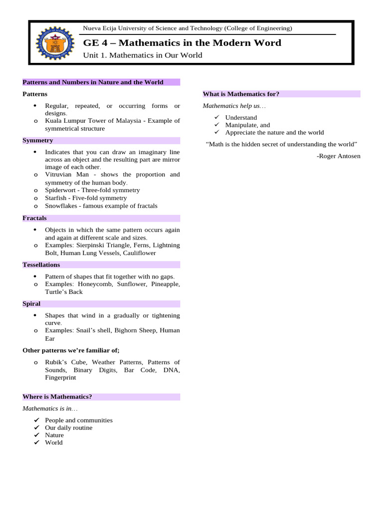 GE 4 Unit 1. Patterns and Numbers in Nature and The World | PDF