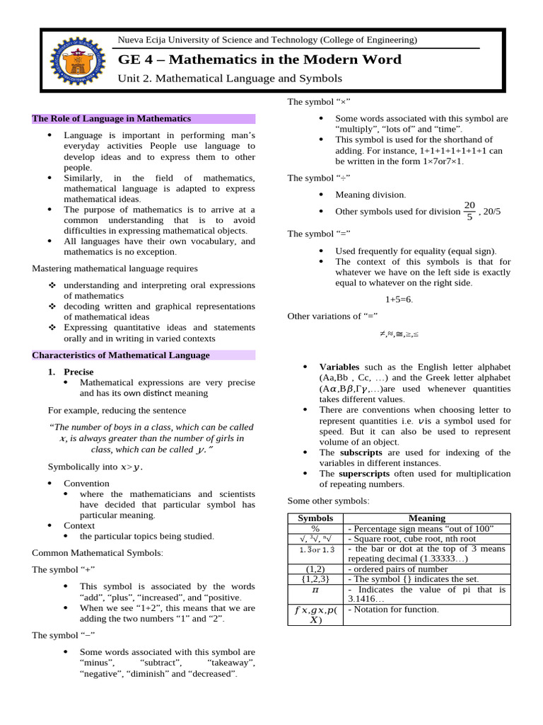 GE 4 Unit 2. Mathematical Language and Symbols (PPTS) | PDF