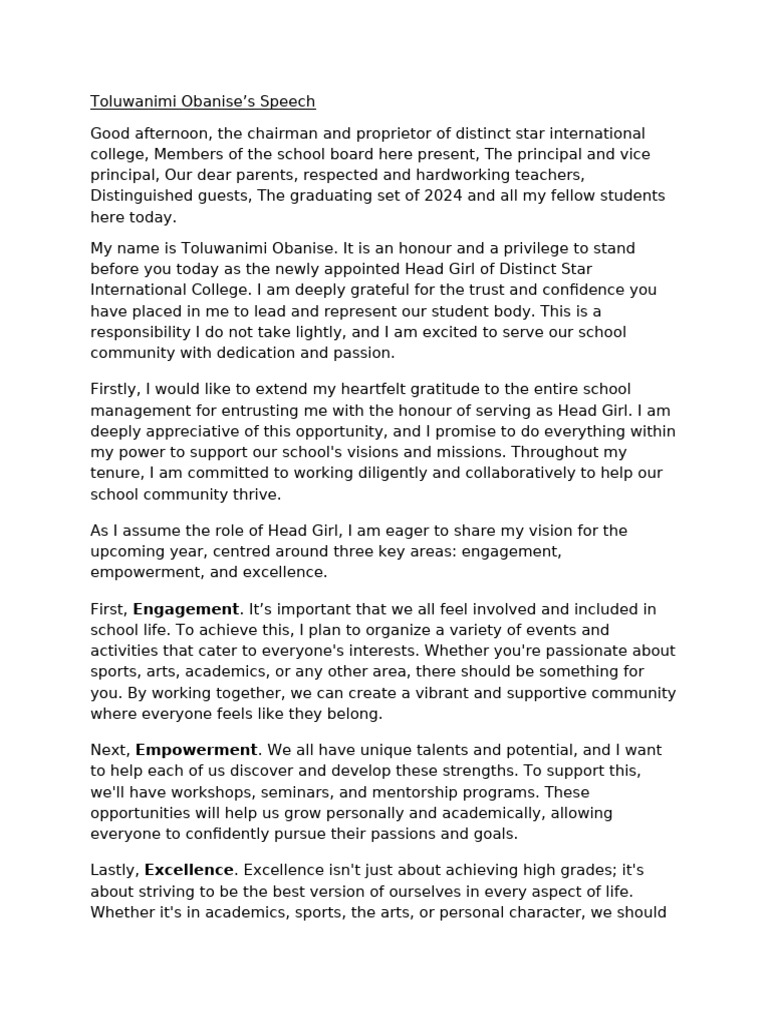 Head Girl Speech | PDF