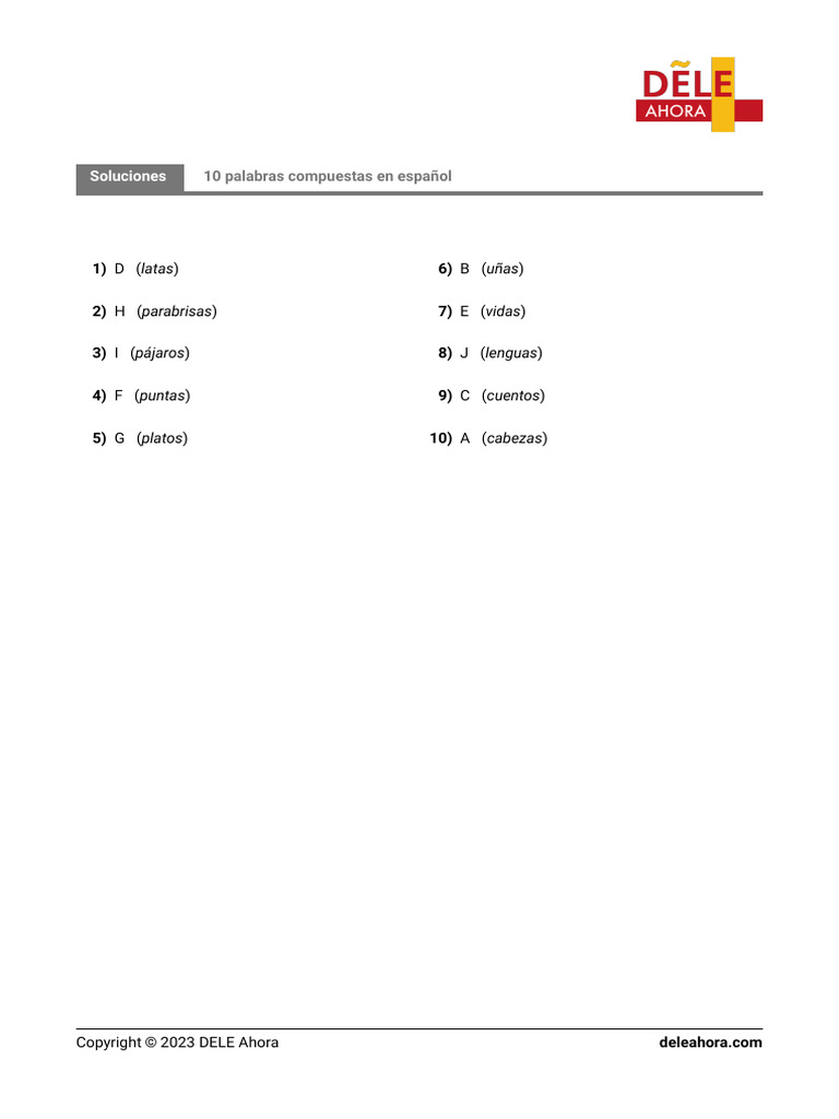 10 Palabras Compuestas en Espanol - Soluciones | PDF