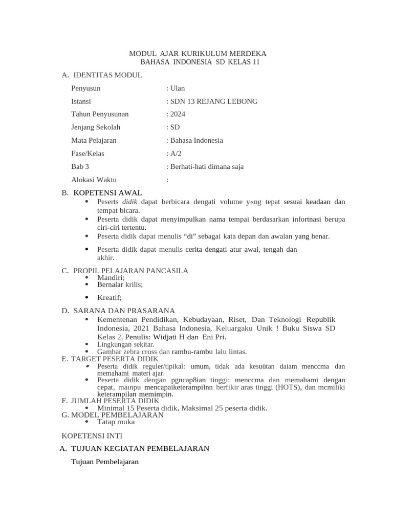 Modul Ajar Kurikulum Merdeka Bahasa Indonesia SD Kelas 11-1 | PDF