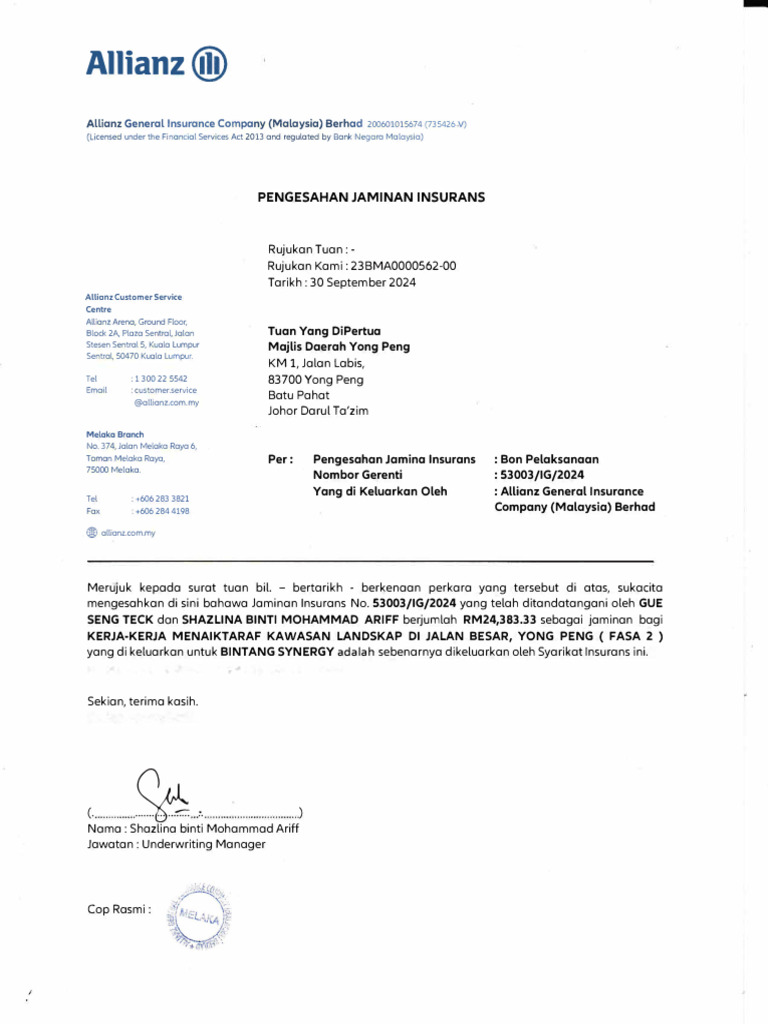 Bintang Synergy Surat Pengesahan Jaminan Insurance 29092024 | PDF
