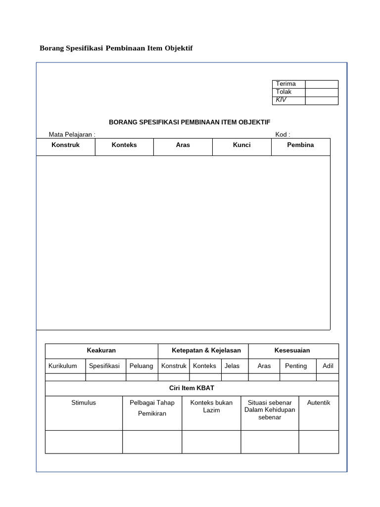 Borang Spesifikasi Pembinaan Item Objektif | PDF