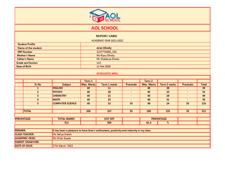 Aol School: Report Card | PDF