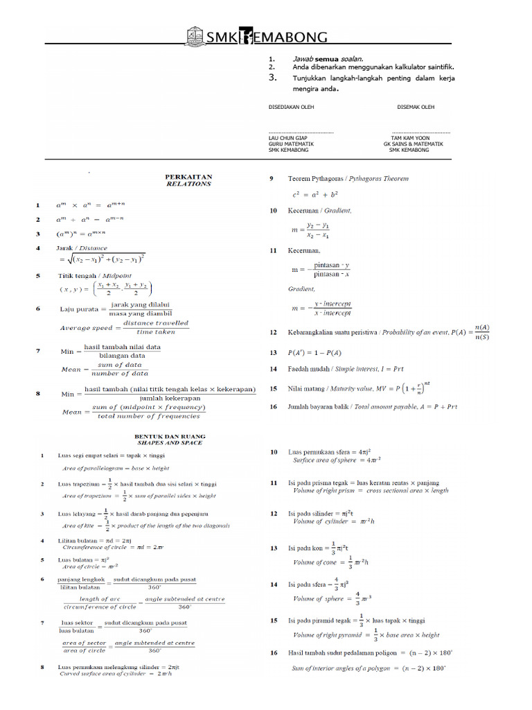 Muka Surat Depan Peperiksaan Dengan Rumus Formula MM | PDF