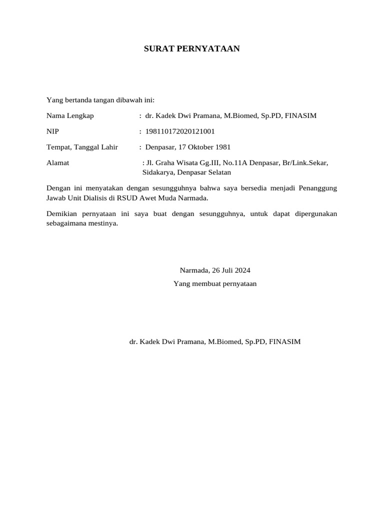 Surat Pernyataan PJ HD Dr. Dwi | PDF