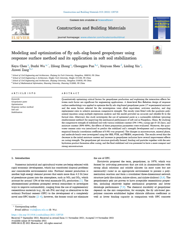 Modeling and Optimization of Fly Ash-Slag-based Geopolymer Using | PDF