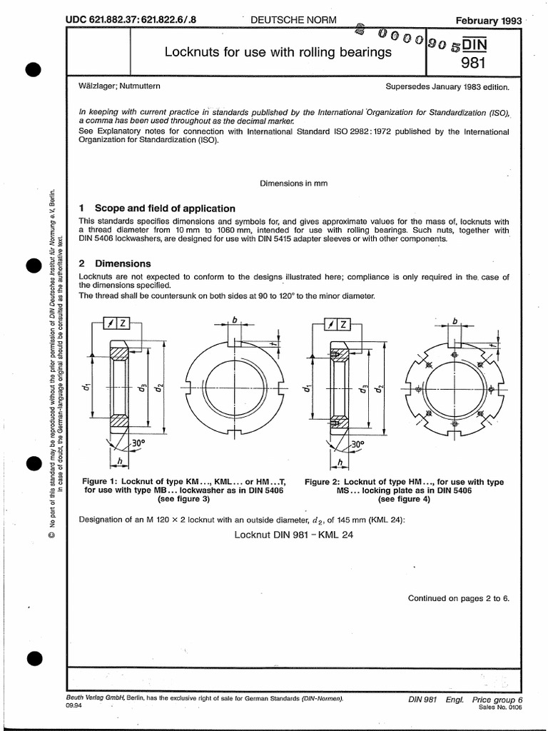 DIN - 981 - 1993 - Locknuts For Use With Rolling Bearings | PDF
