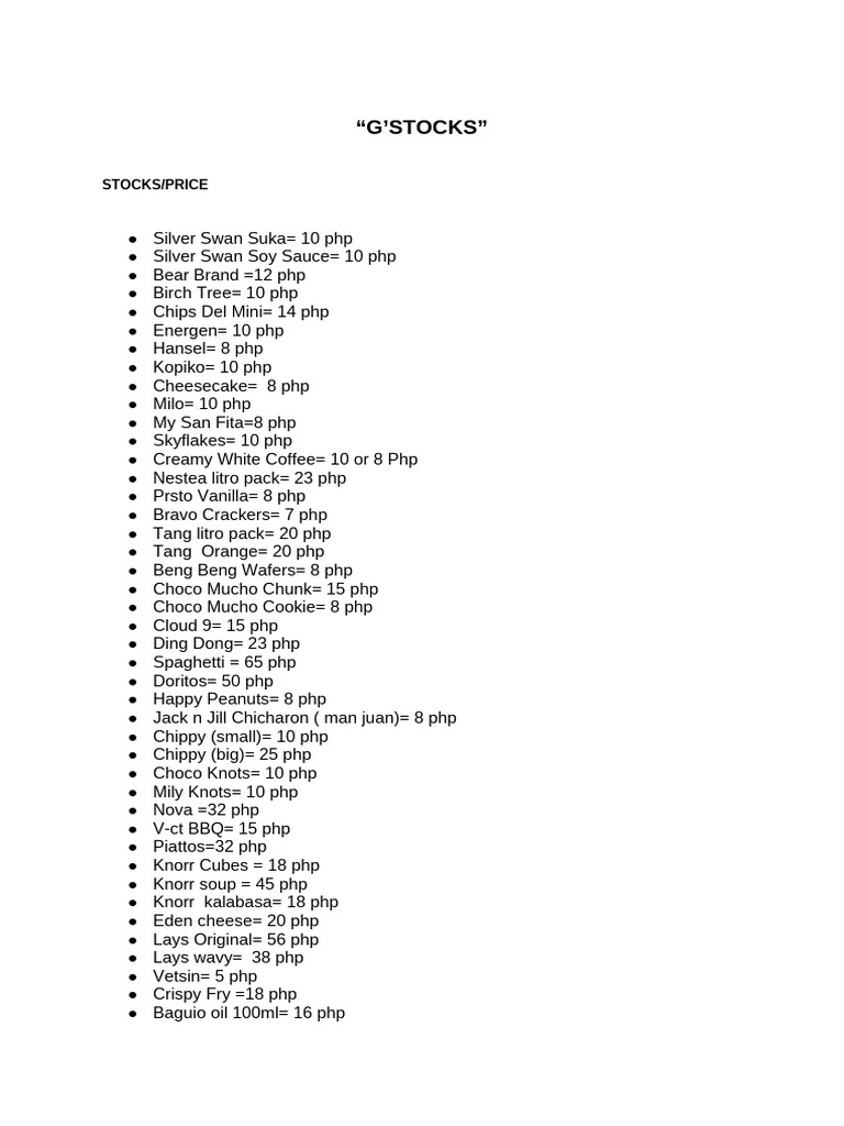 G'stocks Price List | PDF