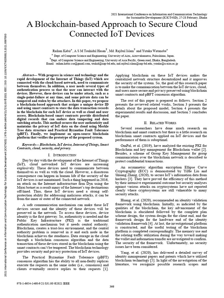 A Blockchain-Based Approach To Secure Cloud Connected IoT Devices | PDF