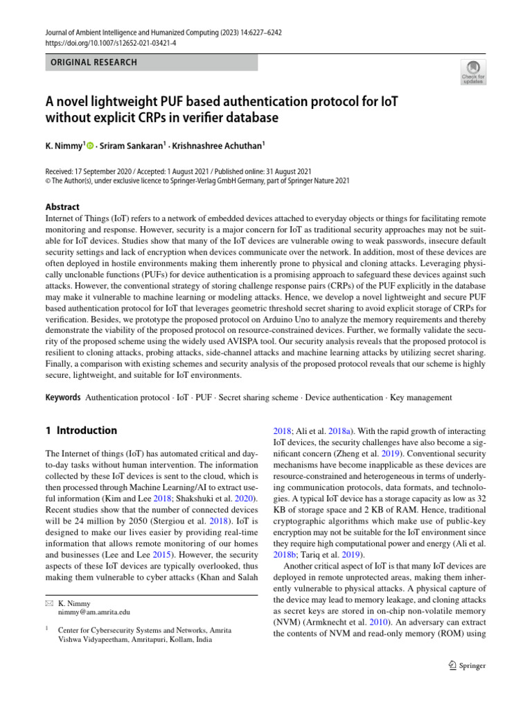 A Novel Lightweight PUF Based Authentication Protocol For IoT | PDF