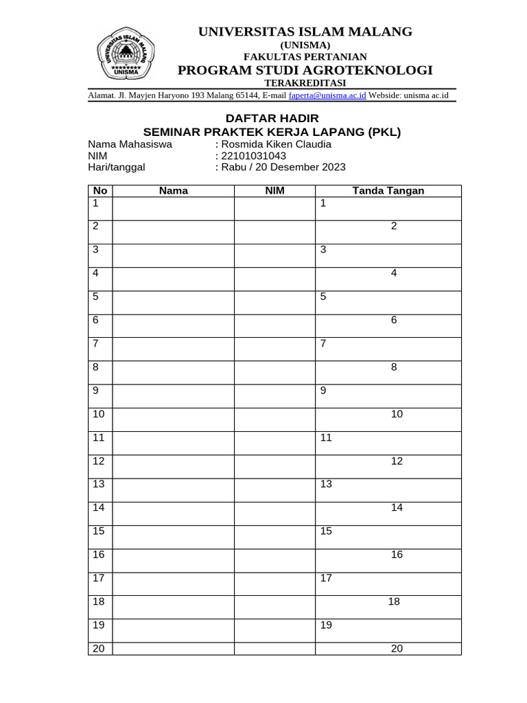 Daftar Hadir Seminar PKL | PDF