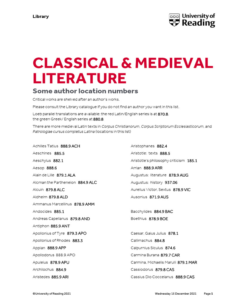 Classical Literature Author-Call Number List | PDF