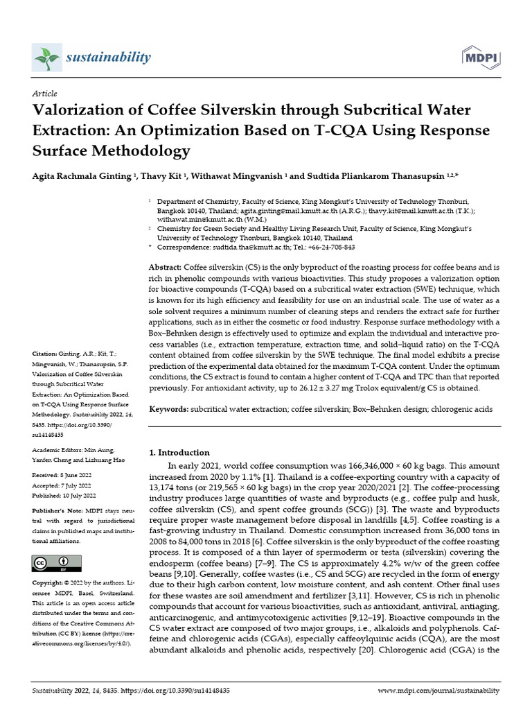 2022 - Valorization of Coffee Silverskin Through Subcritical Water Extraction - An Optimization ...