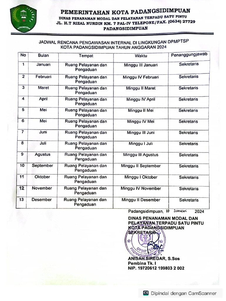 Jadwal Pengawasan Internal 2024 | PDF