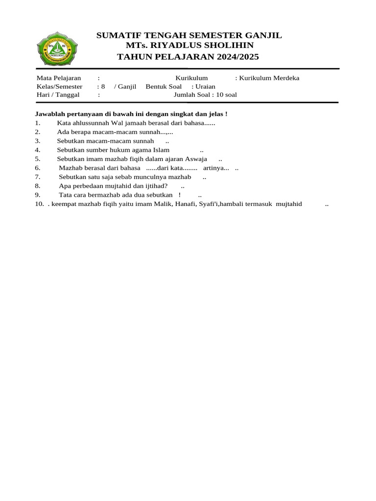 FORMAT SOAL Aswaja PTS GANJIL8 | PDF