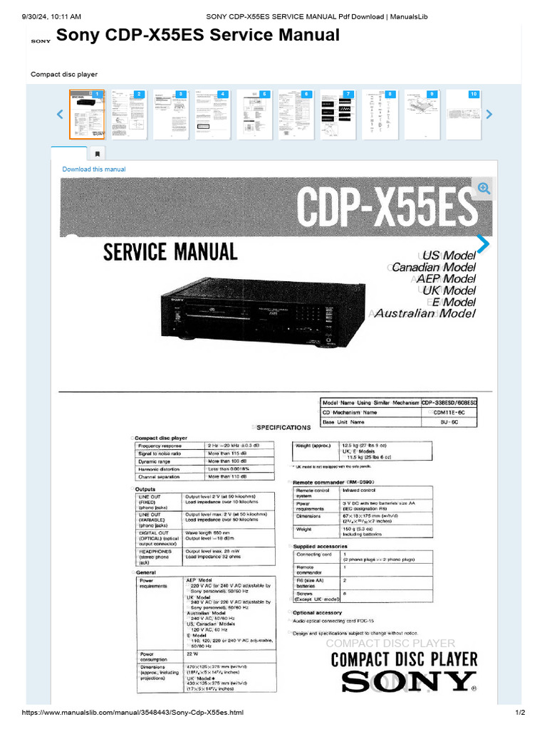 SONY CDP-X55ES SERVICE MANUAL PDF Download - ManualsLib | PDF