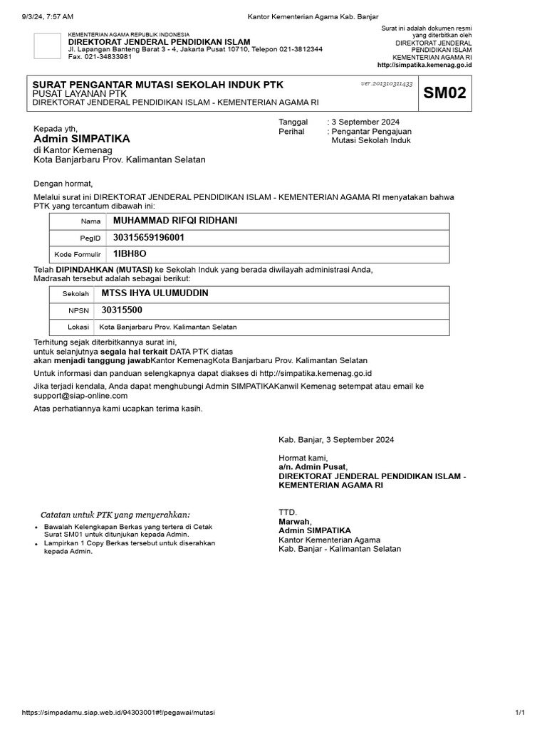 sm02 Mutasi Sekolah Induk PTK Mts Ihya Ulumuddin M Rifqi Ridhani | PDF