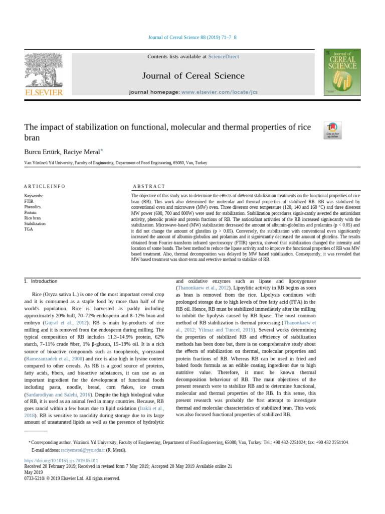 Journal of Cereal Science: The Impact of Stabilization On Functional ...