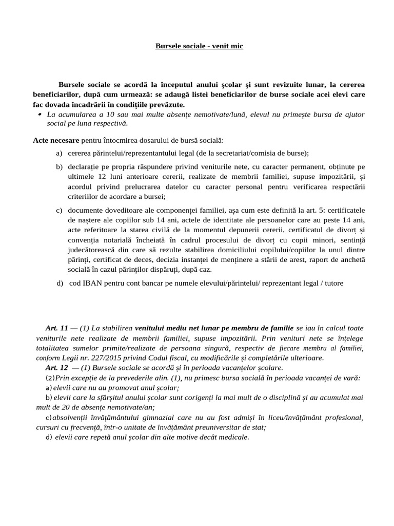 Informații Despre Acordarea Burselor - An Școlar 2024-2025 | PDF