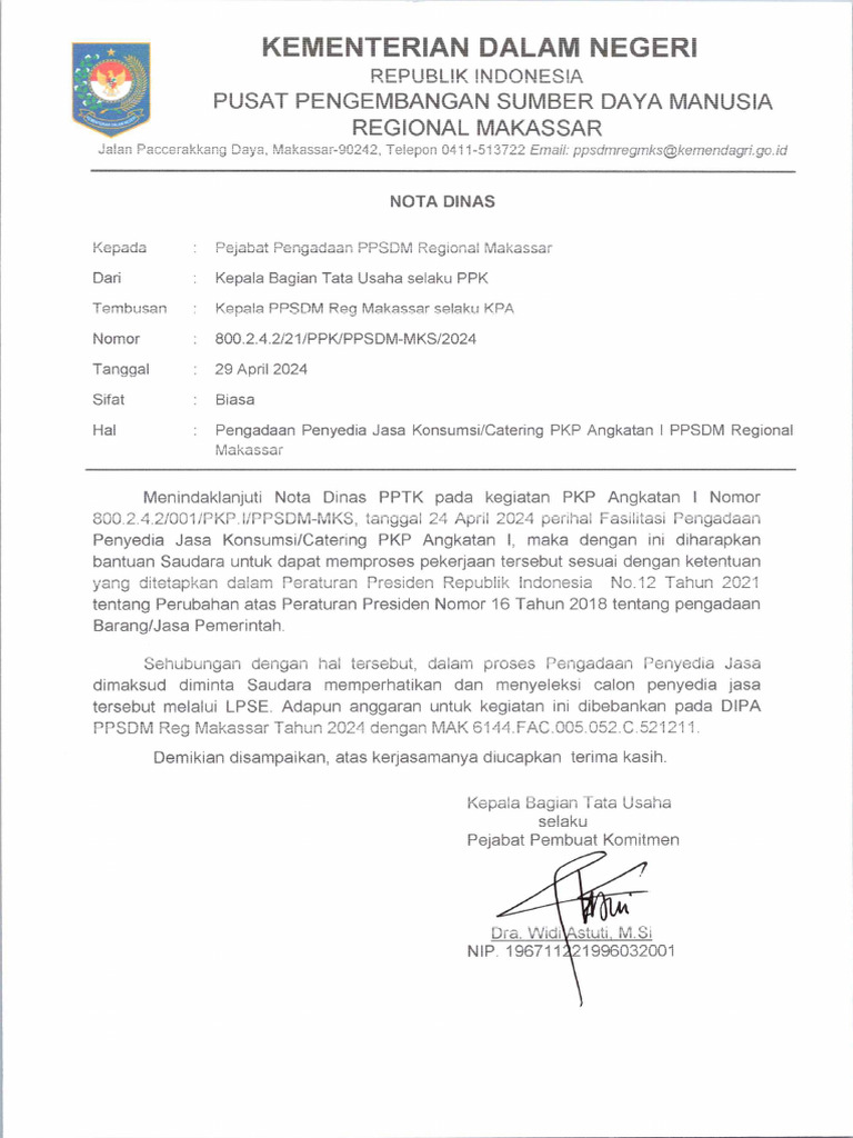Nota Dinas PPK Konsumsi PKP Angk I | PDF
