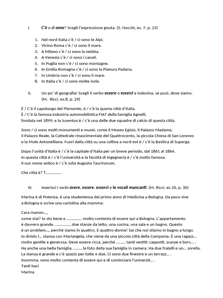 C'è - Ci Sono, Esercizi | PDF