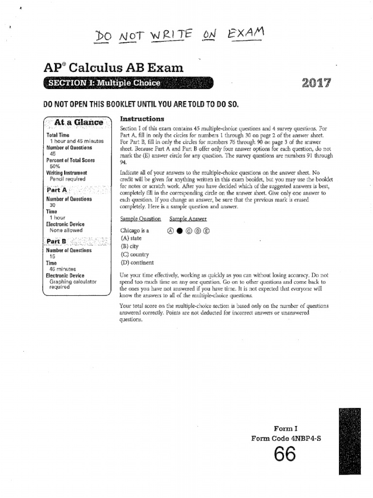 2017 AP Calculus Ab Multiple Choice Questions | PDF