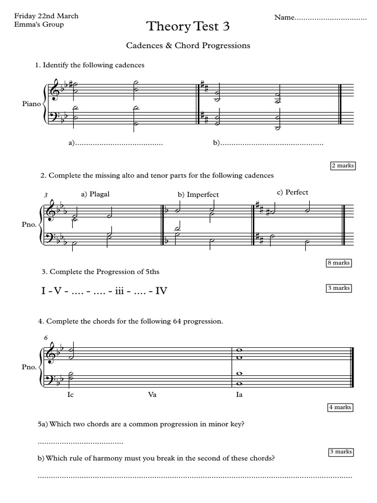Test 3 - Cadences and Chord Progressions | PDF