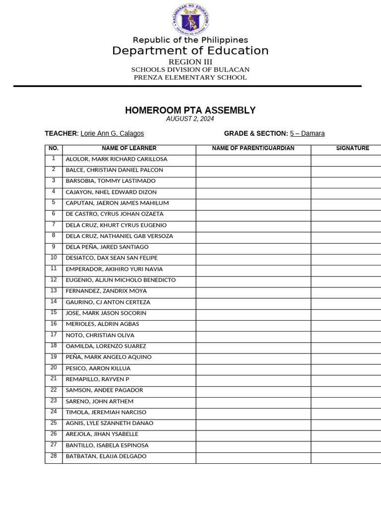 G5 Attendace Sheet For HPTA Assembly | PDF