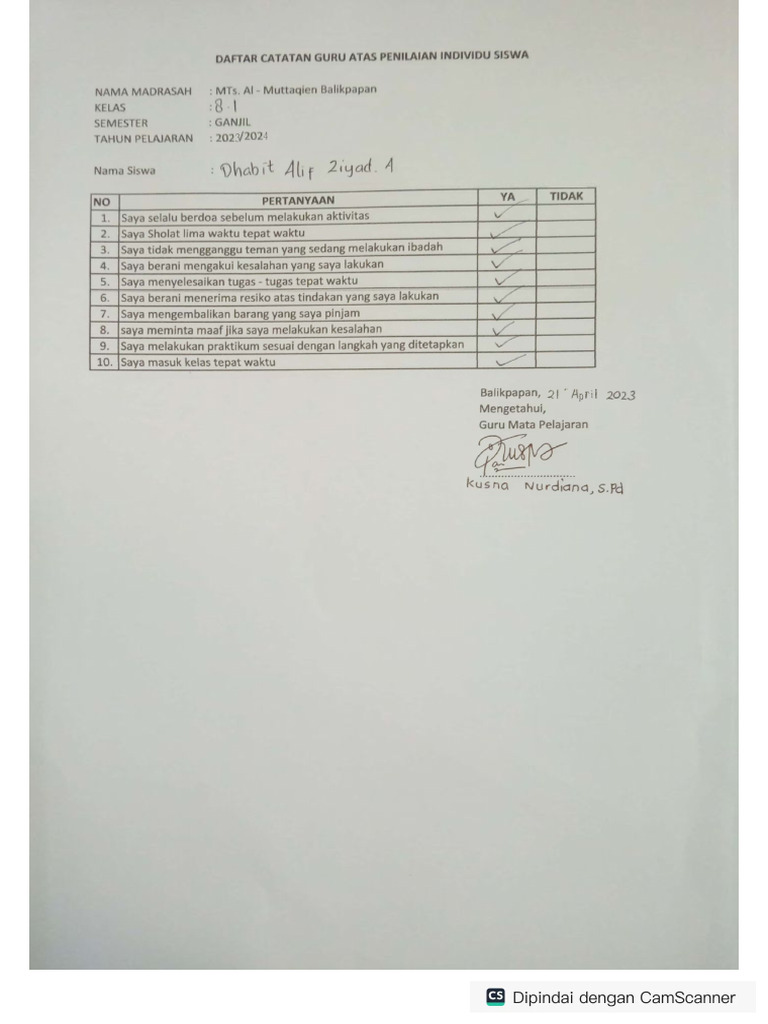 C 5.2 Daftar Catatan Guru Penilaian Individu Siswa | PDF