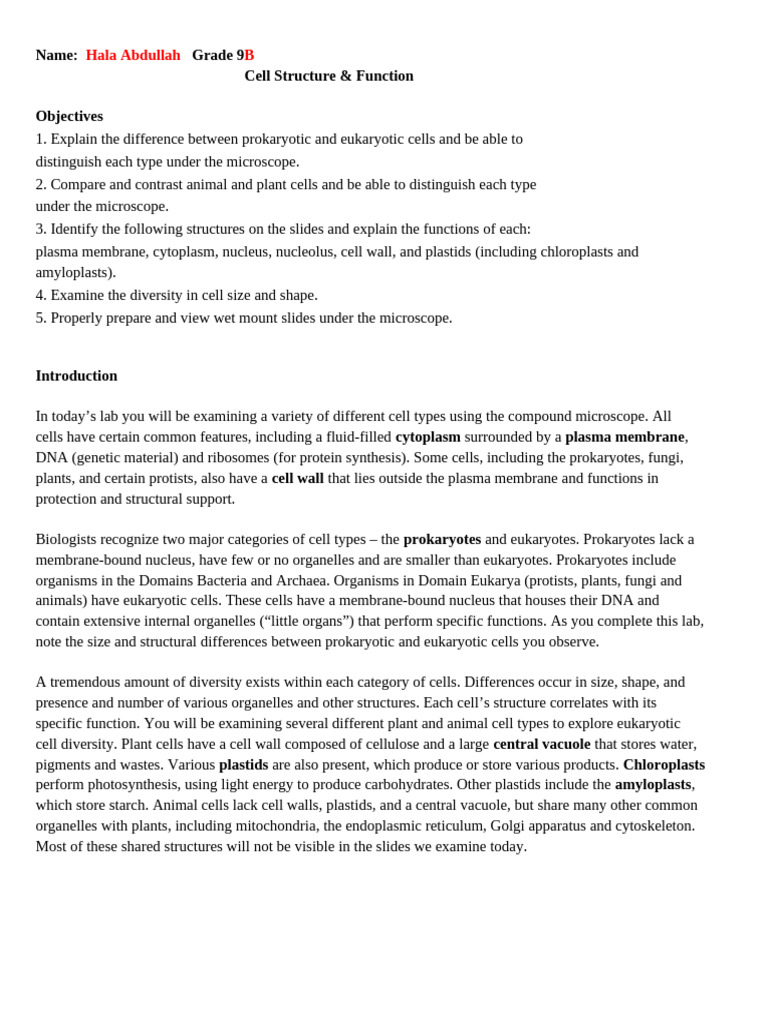 GR 9 - Cell - Structure - and - Function Lab Hala Abdullah 9B | PDF