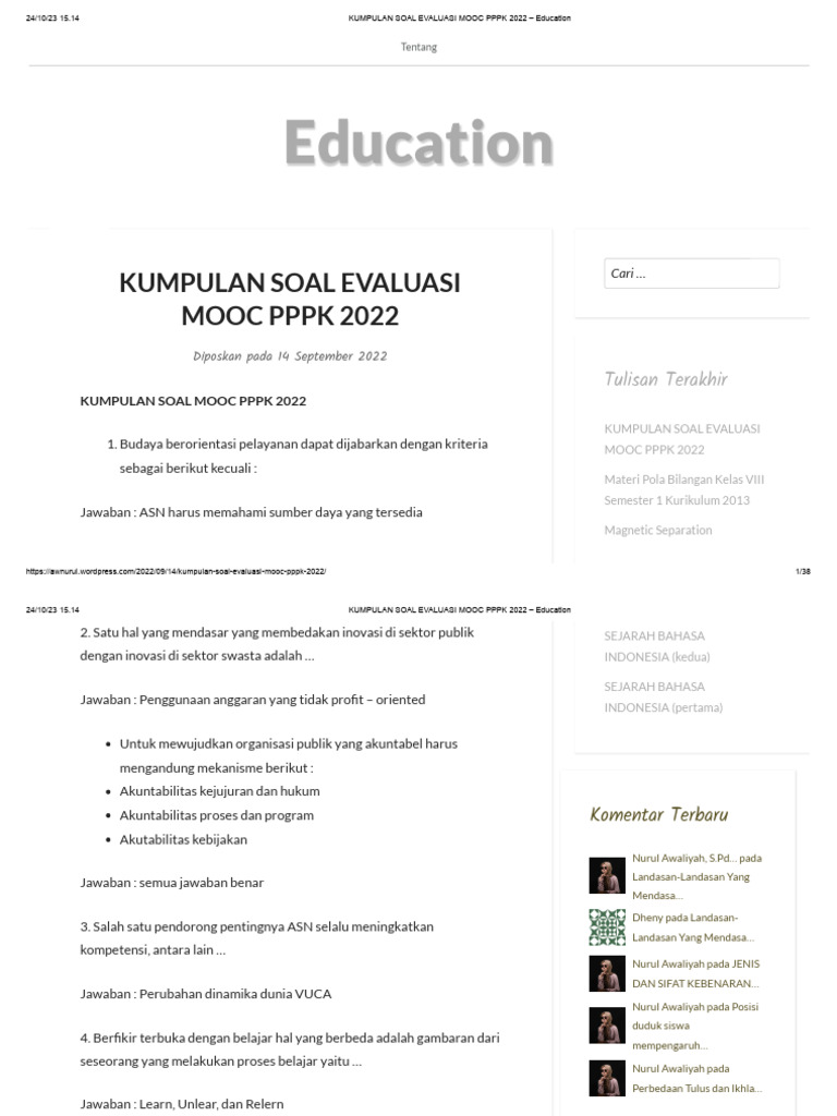 Kumpulan Soal Evaluasi Mooc PPPK 2022 - Education | PDF