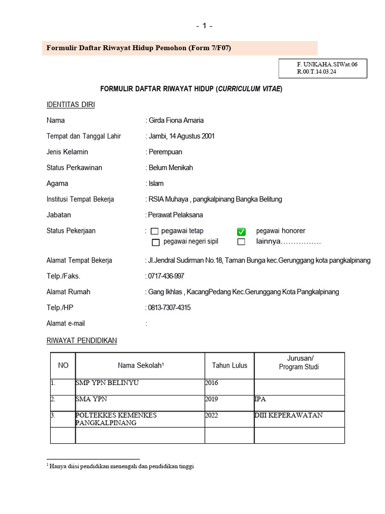 6.formulir - Daftar - Riwayat - Hidup - Pemohon - (Form - 7 - F07) - 1 | PDF