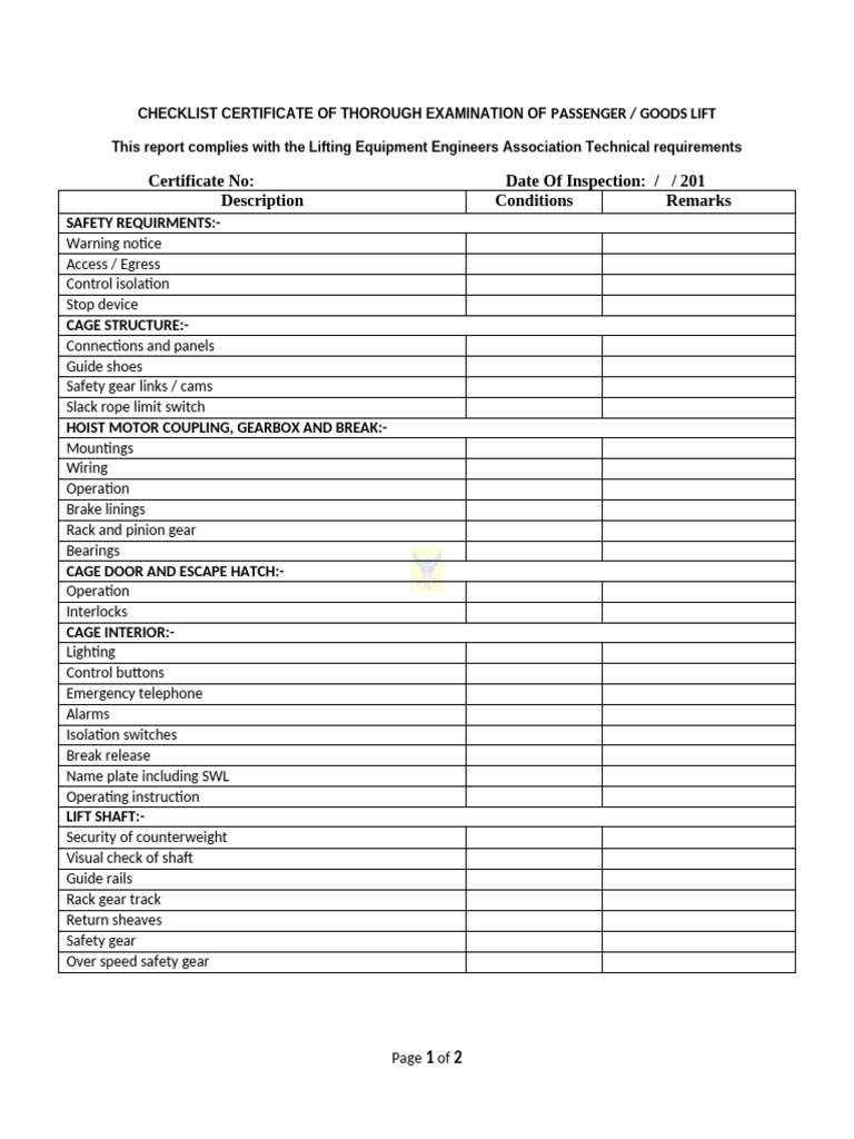 Checklist of Passenger or Goods Lift | PDF