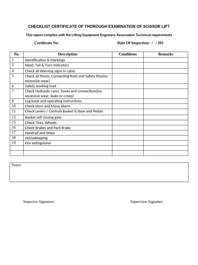 Checklist of Scissor Lift | PDF