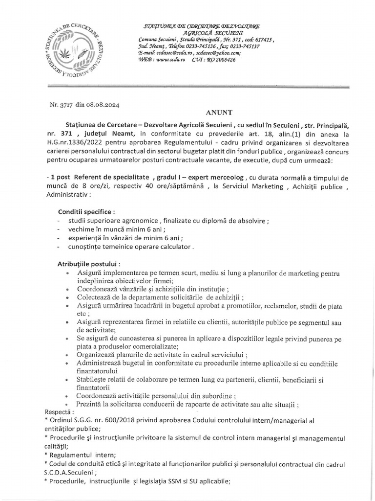 Anunt Concurs Post Expert Merceolog | PDF