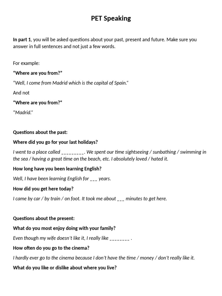 PET Speaking Practice | PDF
