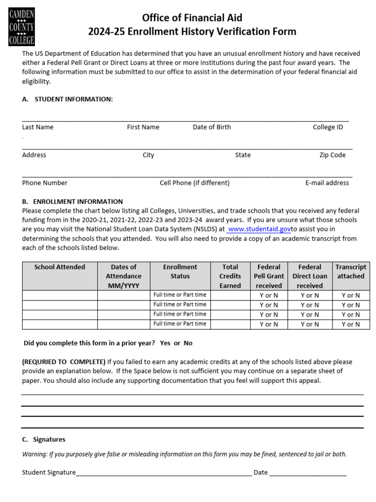 Enrollment History Verification Form 2024 25 | PDF