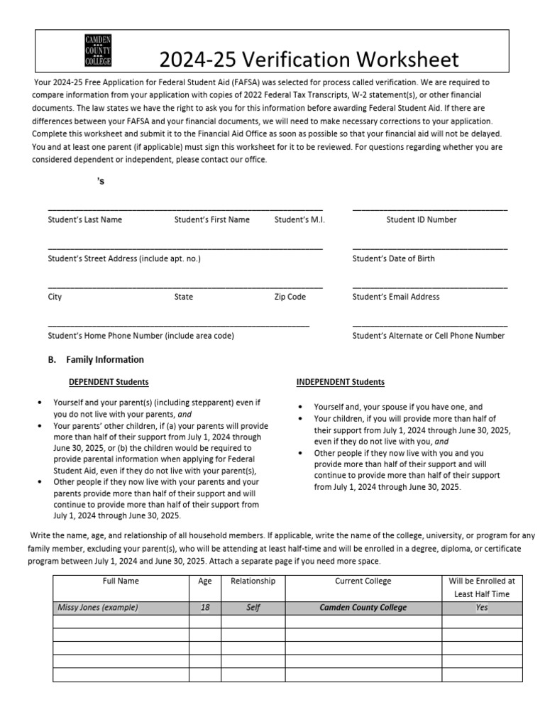 Verification Worksheet 2024 25 | PDF