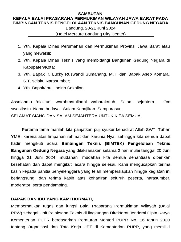 SAMBUTAN KEPALA BALAI Bimtek Pengelolaan Teknis Bangunan Gedung Negara | PDF | Griya & Taman ...
