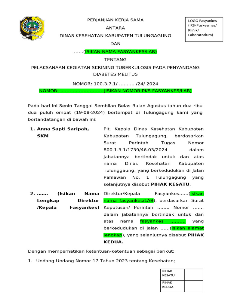 Draft Final - PERJANJIAN KERJA SAMA Skrining TBC DM - Dinkes Dan Fasyankes | PDF