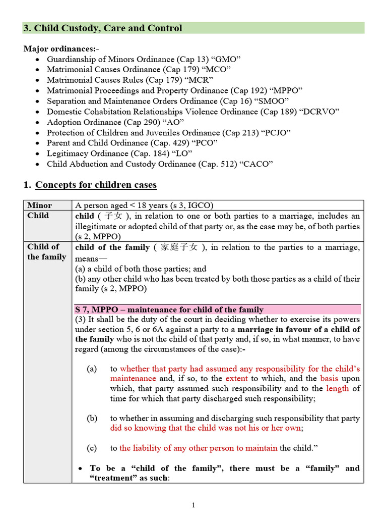 HKU PCLL8103 Matrimonial - Child Custody, Care and Control | PDF